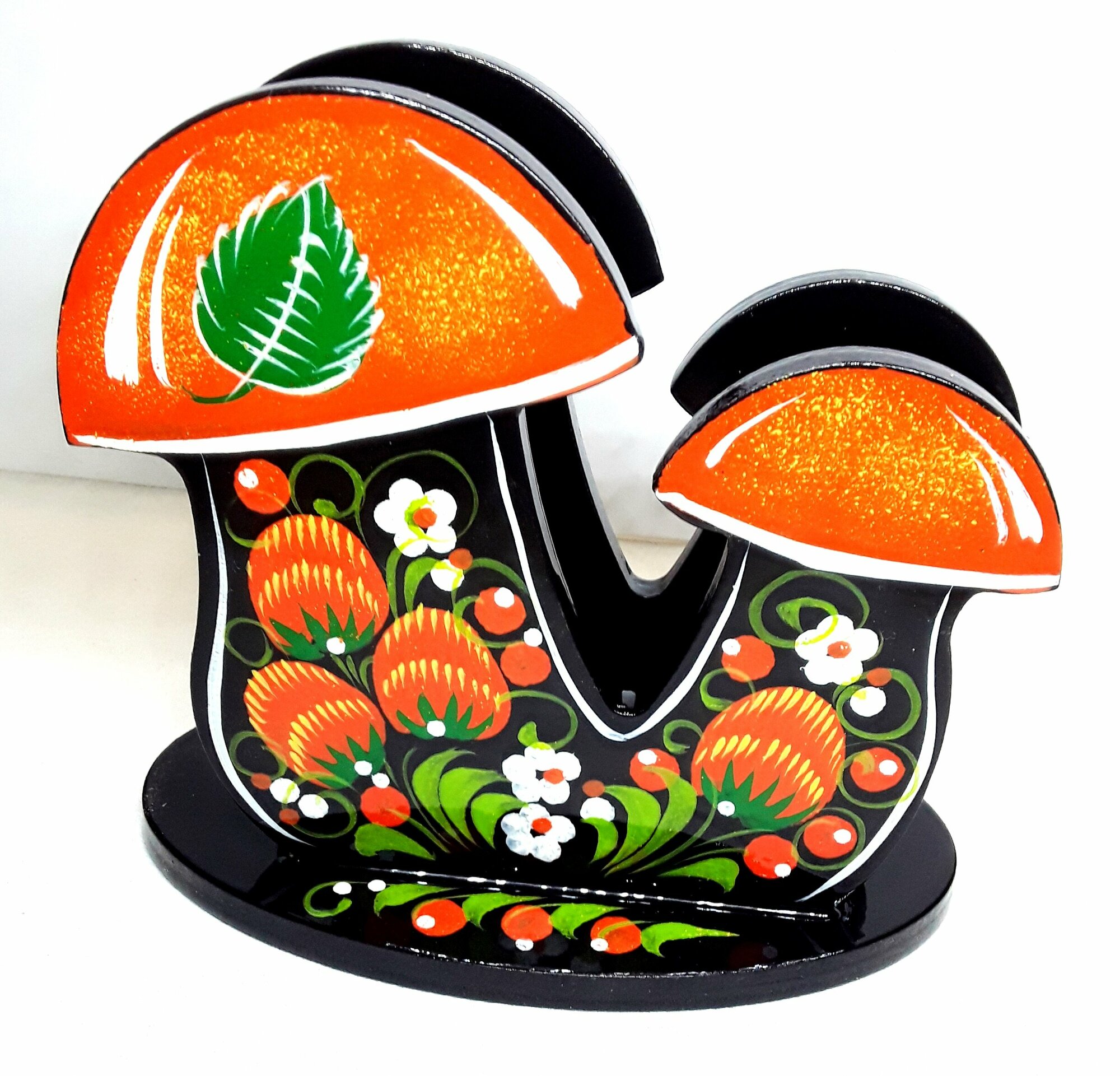 Салфетница "Грибы" Хохлома, ручная роспись, 10 см х 12 см х 10 см