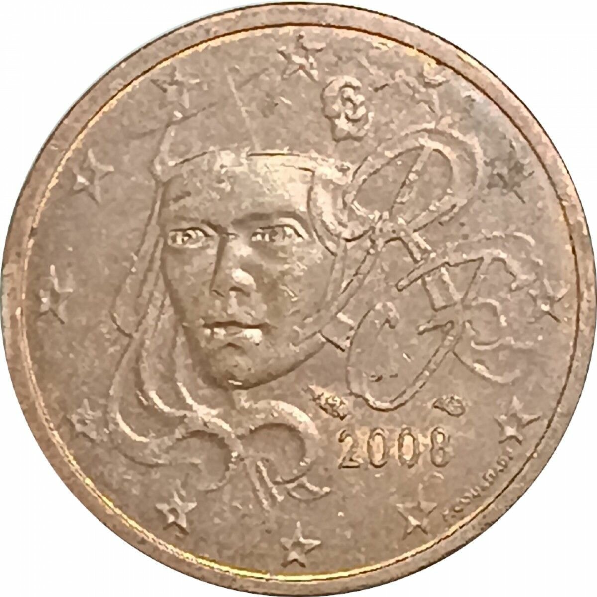 2 евроцента 2008 Франция из оборота