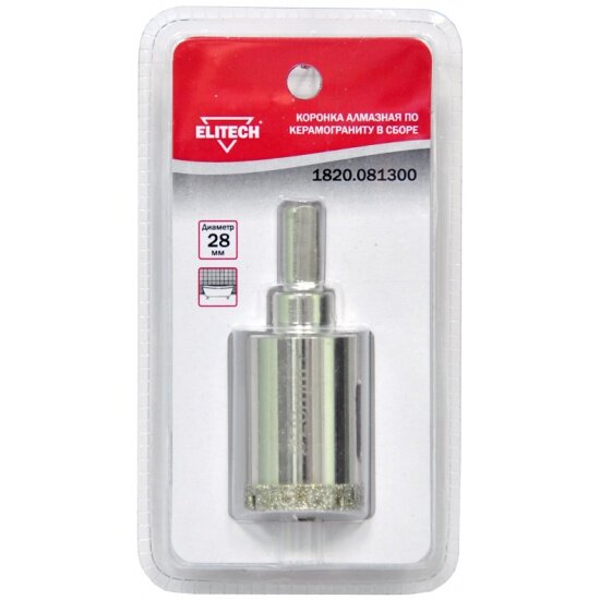 Коронка алмазная Elitech 28мм, по керамограниту в сборе