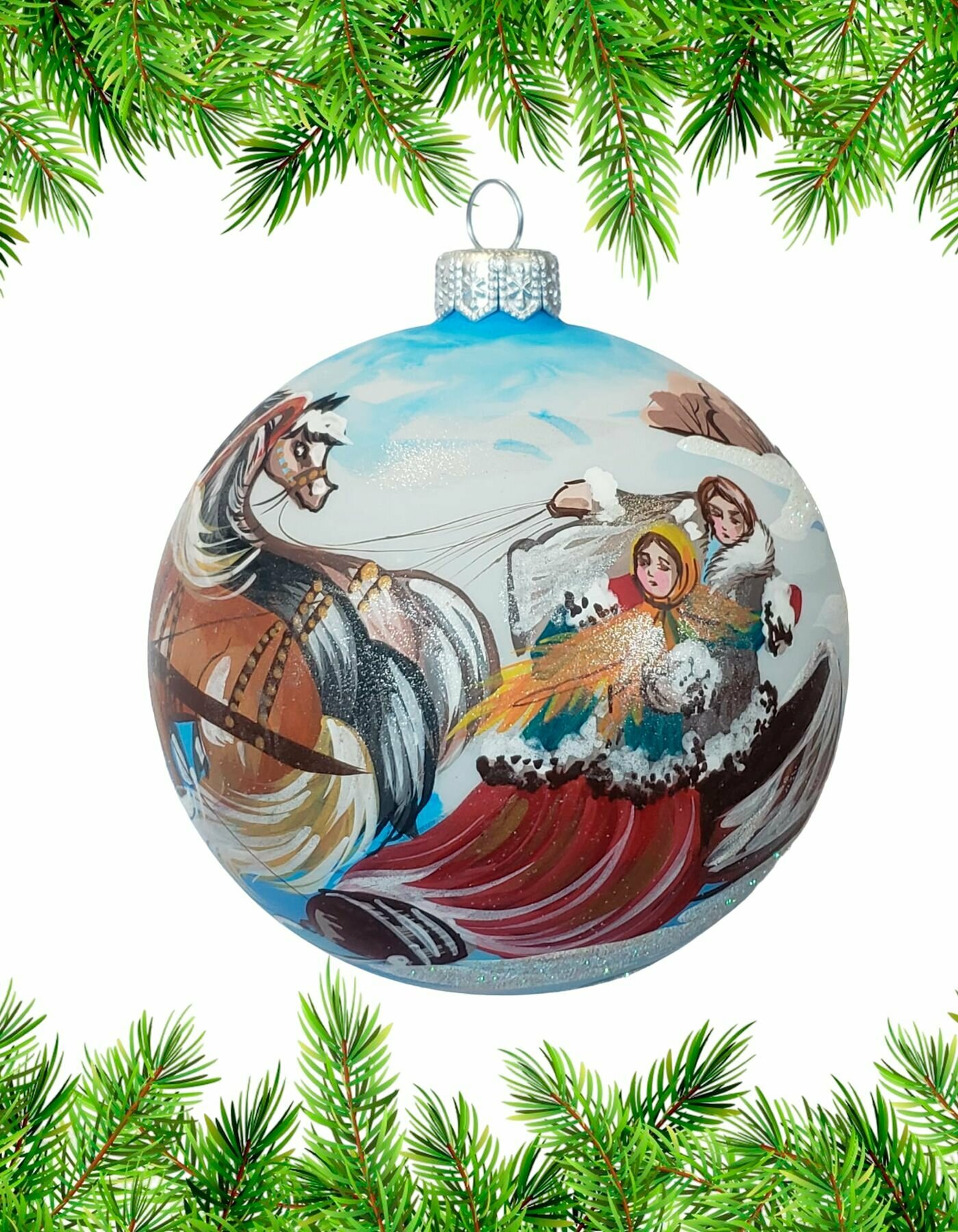 Шар на елку 100мм Русская тройка (круговой)