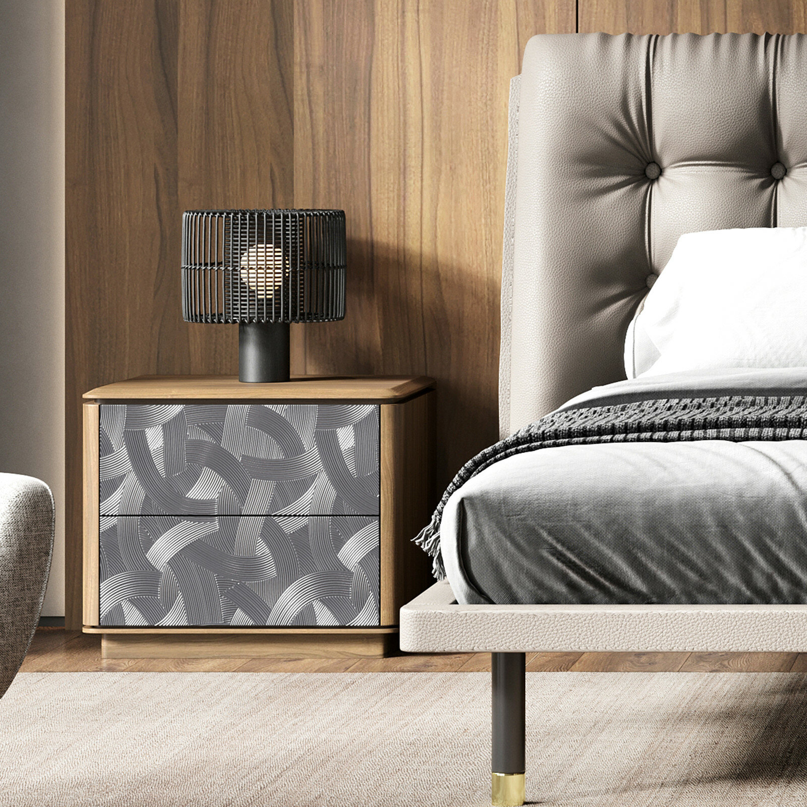 Прикроватная тумбочка MOD INTERIORS коллекция ALTEA отделка шпон ореха F , темно-серый матовый лак , темно-серый узор