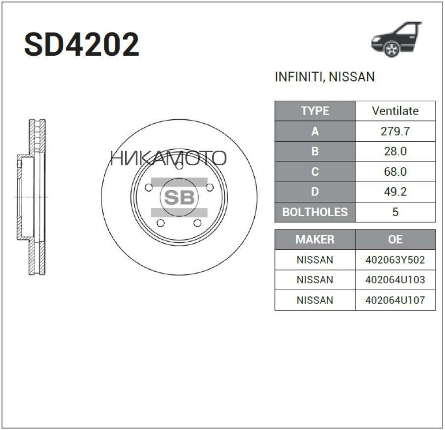 SANGSIN BRAKE SD4202 Диск тормозной передний NISSAN ALMERA/PRIMERA P12 SANGSIN BRAKE SD4202