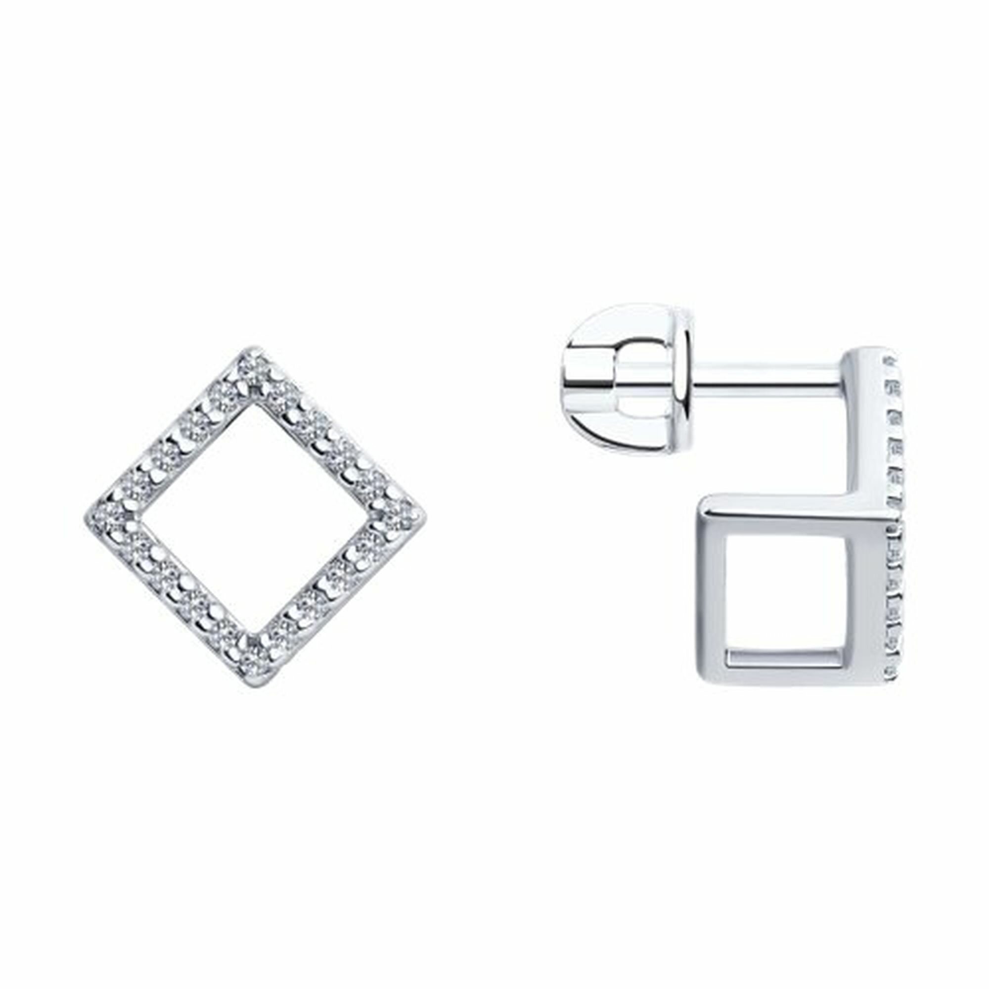 Серьги пусеты, серебро, 925 проба, родирование, фианит