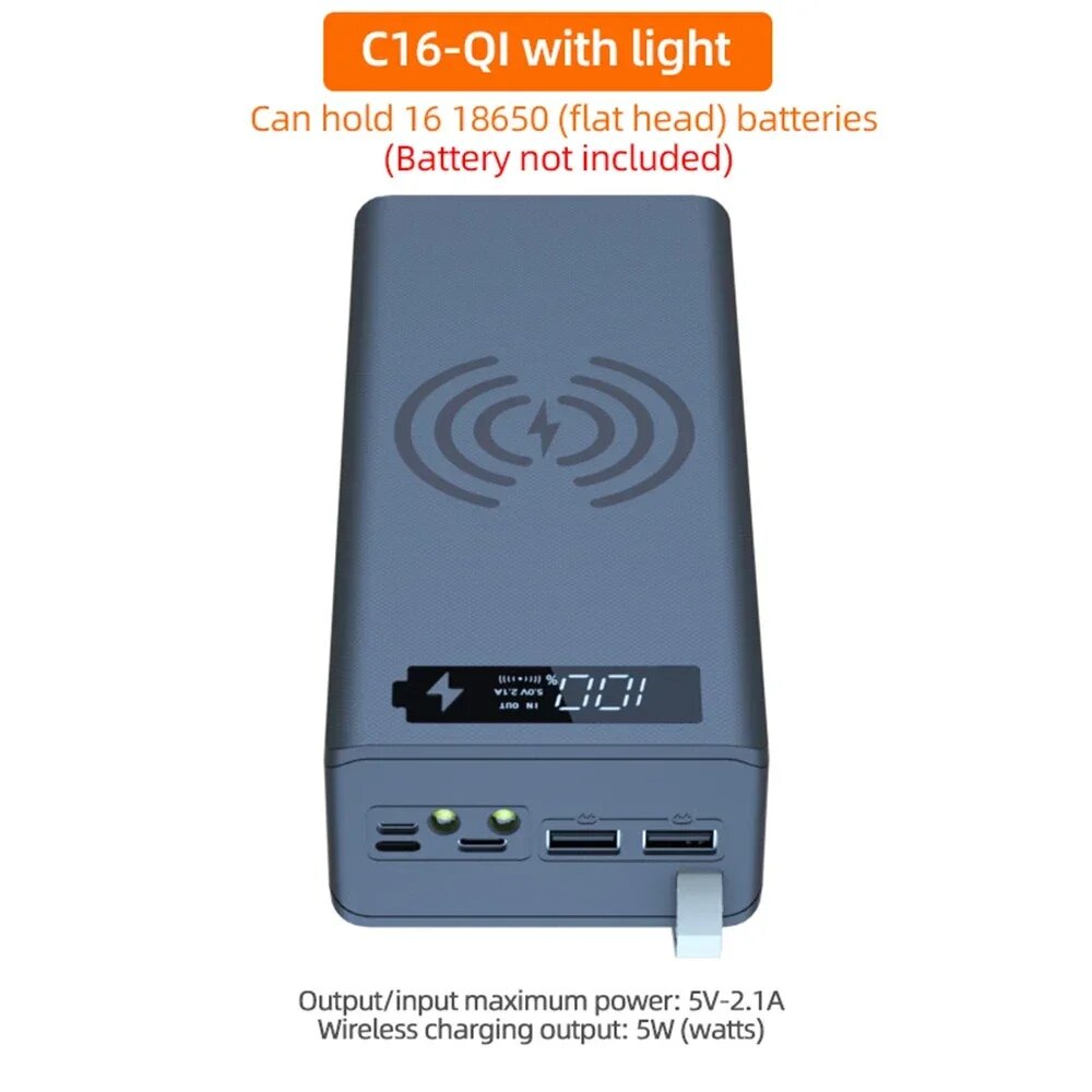ICANING C16 Power Bank с беспроводной зарядкой и фонариком, QI Black