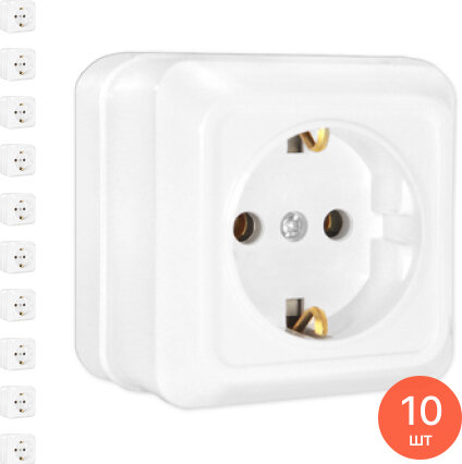 Розетка силовая штепсельная UNIVersal / Юниверсал Олимп 16А 220В ОП белая, 1-местная с заземляющими контактами, О0028 / электрооборудование (комплект из 10 шт)