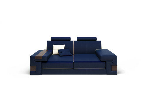 Прямой диван с декоративными вставками из дерева, 233 х 93 см, SITDOWN, "Морфеус", экокожа, синий