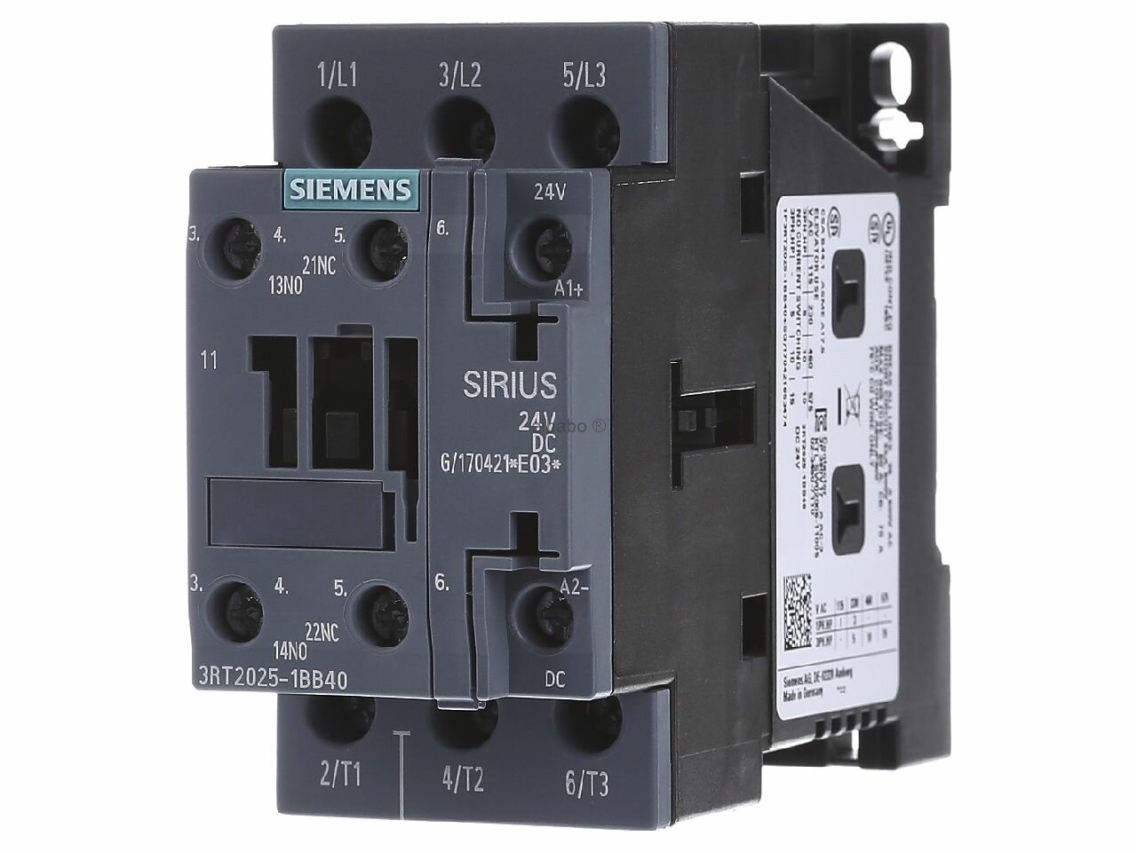 Пускатель Siemens 3RT2025-1BB40 3 ПОЛ, AC-3, 7.5КВТ/400В 1НО+1НЗ 24В DC
