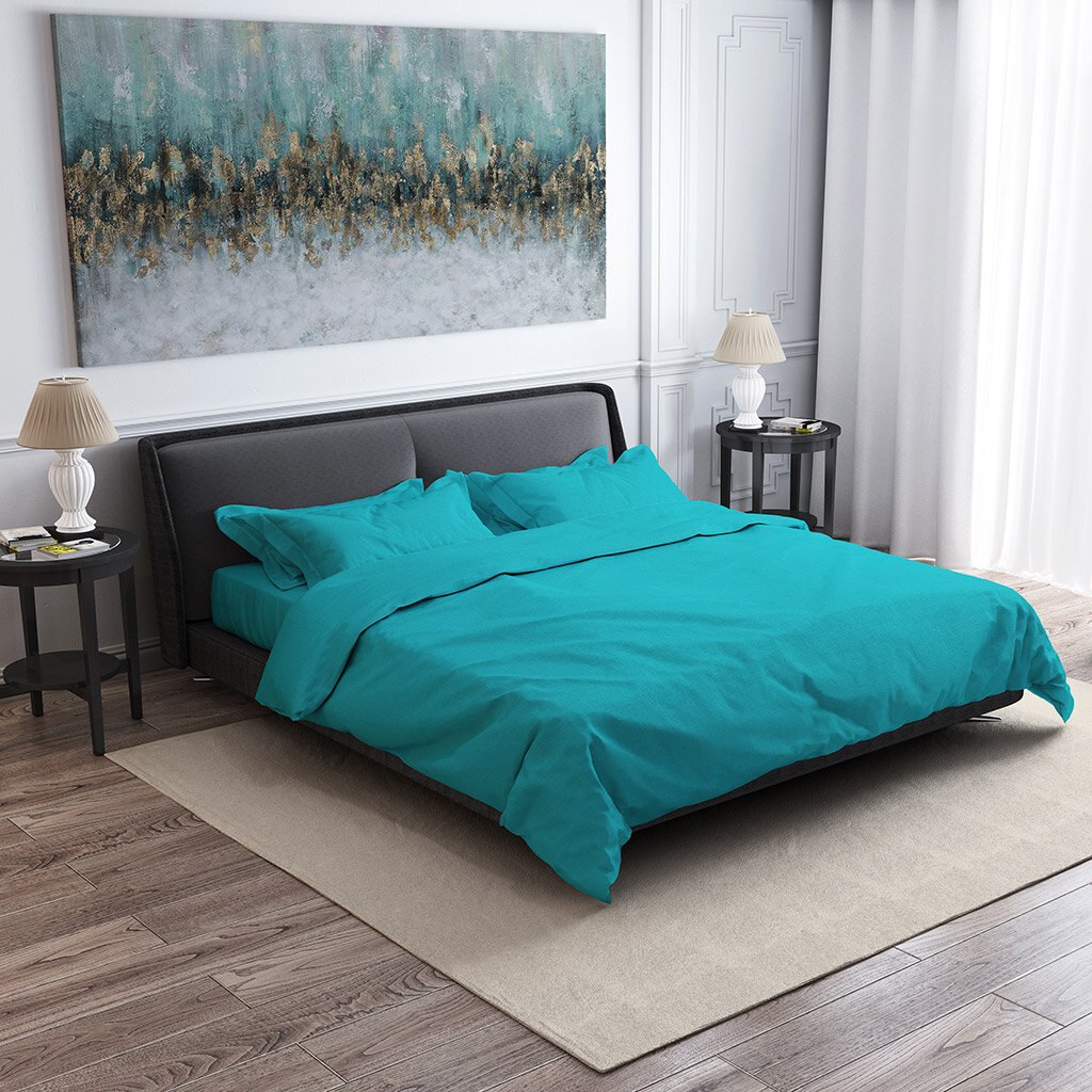 Комплект постельного белья Домашняя Мода 2-х спальный "Бирюзовый" 4 предмета: пододеяльник 175х215 см, евро-простыня 220х240 см, 2 наволочки 70х70 см, поплин, хлопок (КПБ-2Ек-4-70/2)