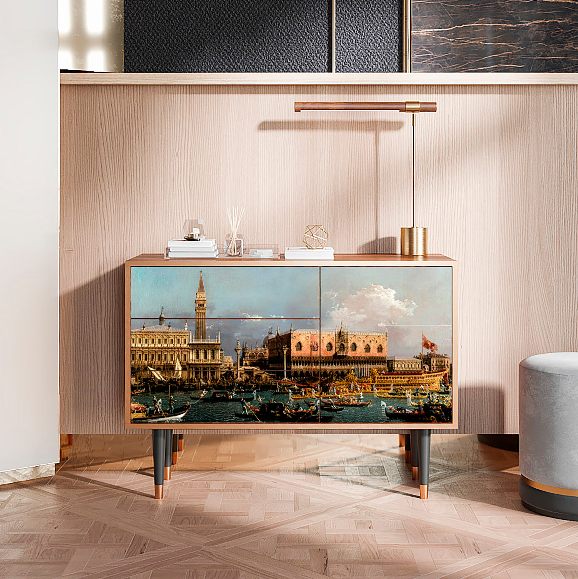 Комод - STORYZ - S3 The Bucintoro at the Molo on Ascension Day by Canaletto, Размер - 115 x 84 x 41 см, Цвет корпуса - , Орех