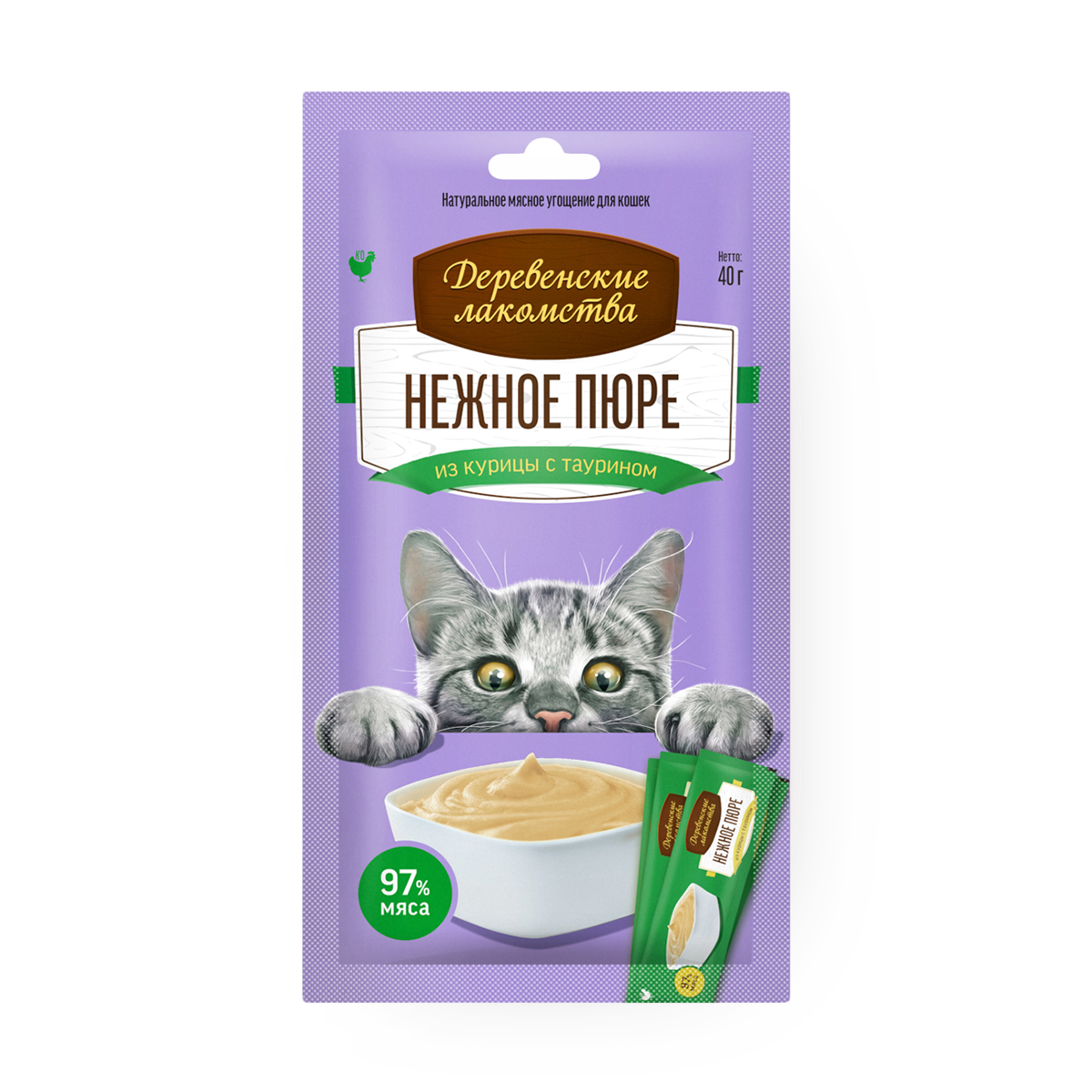 Пюре из курицы «Деревенские лакомства», для кошек, беззерновое, 40 г
