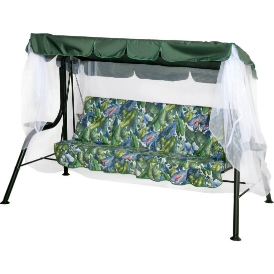 Качели садовые 3-х местные Olsa Варна меб. ткань(каркас зеленый, м/э зеленый рис. листья)1 уп.