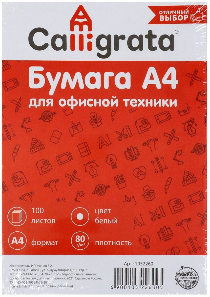 Бумага белая для офисной техники, бумага офисная, листы для принтера, 100 листов формата А4, плотность 80 г/м2