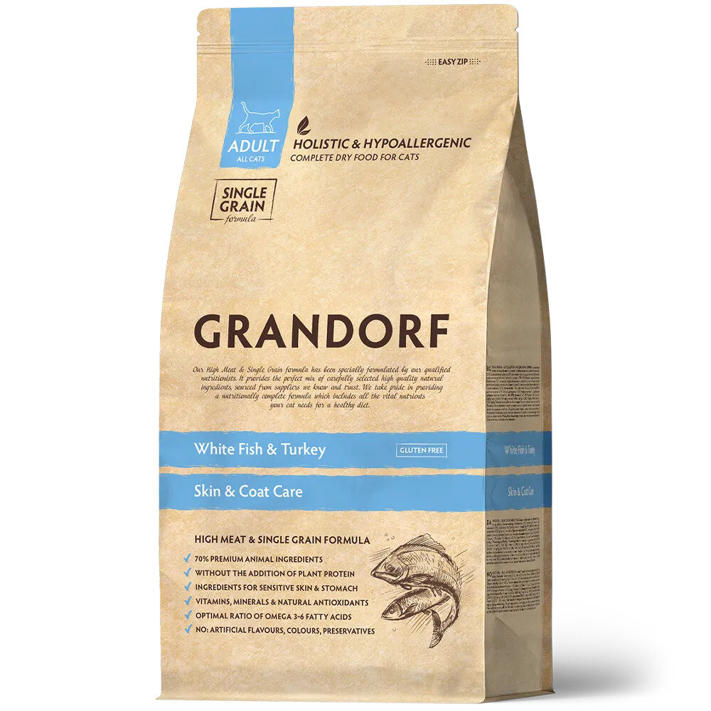 Сухой корм для кошек Grandorf белая рыба с индейкой 2 кг