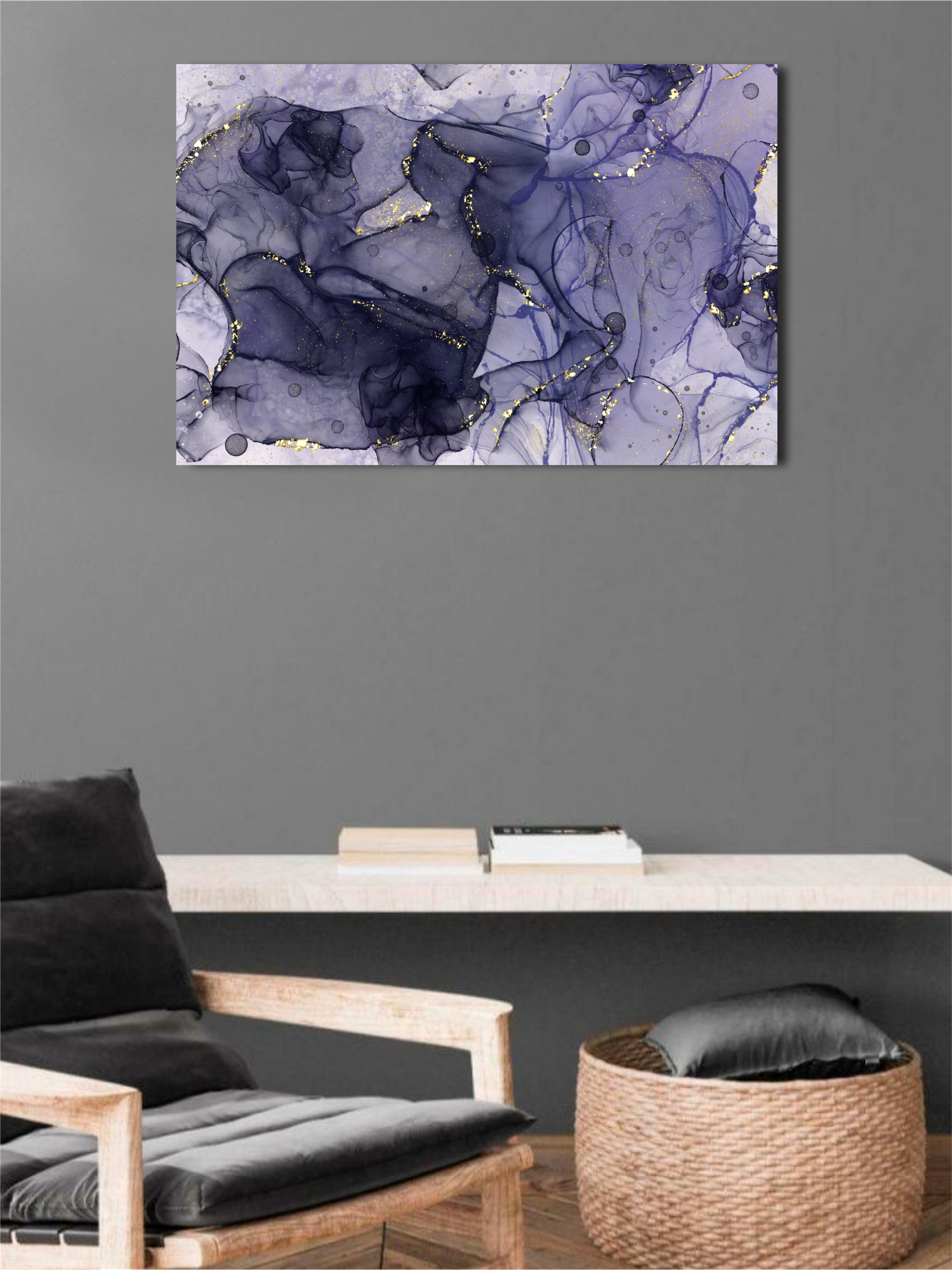 Картина для интерьера на стену абстракция. Сиреневые с золотом разводы 50х80 см на холсте на подрамнике