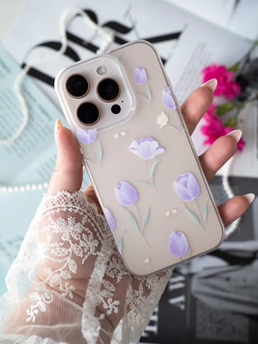 Чехол О'кейси, для iPhone 16 Pro, с принтом, сиреневый, прозрачный