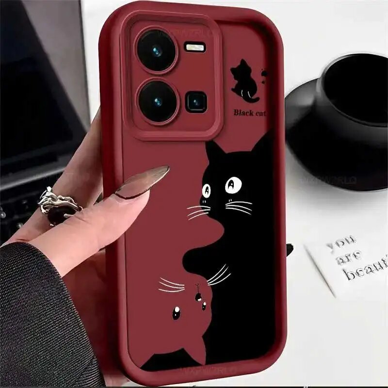 Чехол для телефона с милым рисунком кота для vivo Y35, матовая мягкая силиконовая противоударная задняя крышка Красный