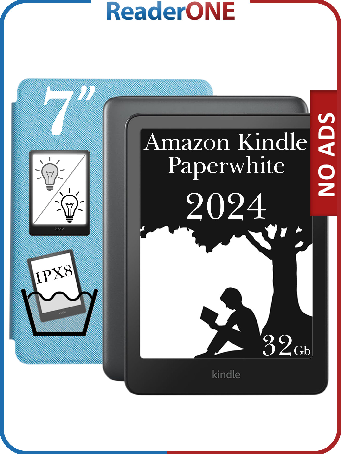 Электронная книга Amazon Kindle PaperWhite 12 2024 32Gb SE Metallic Black с обложкой ReaderONE Light Blue