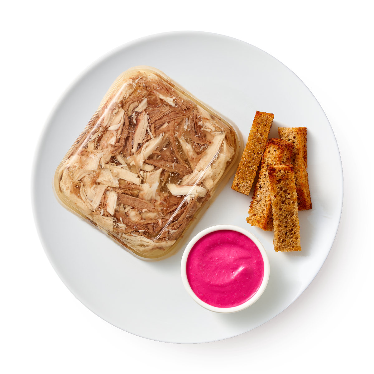 Холодец из трёх видов мяса с кремом из хрена и свеклы и чесночными гренками «Летающая тарелка»