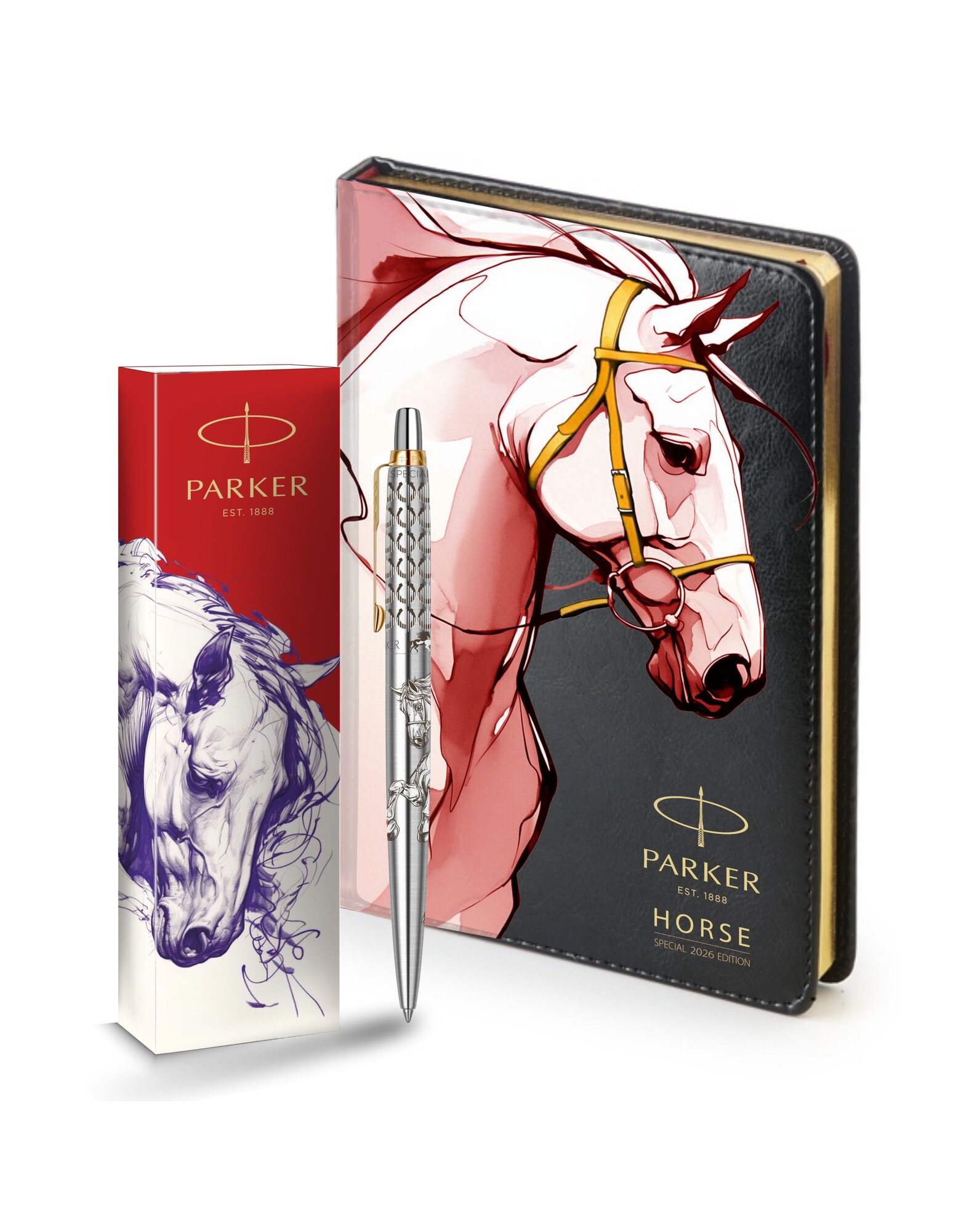 Подарочный набор: Шариковая ручка Parker Jotter Horse Special Edition в подарочной коробке и ежедневник недатированный черный с золотым срезом 1953182_LE26