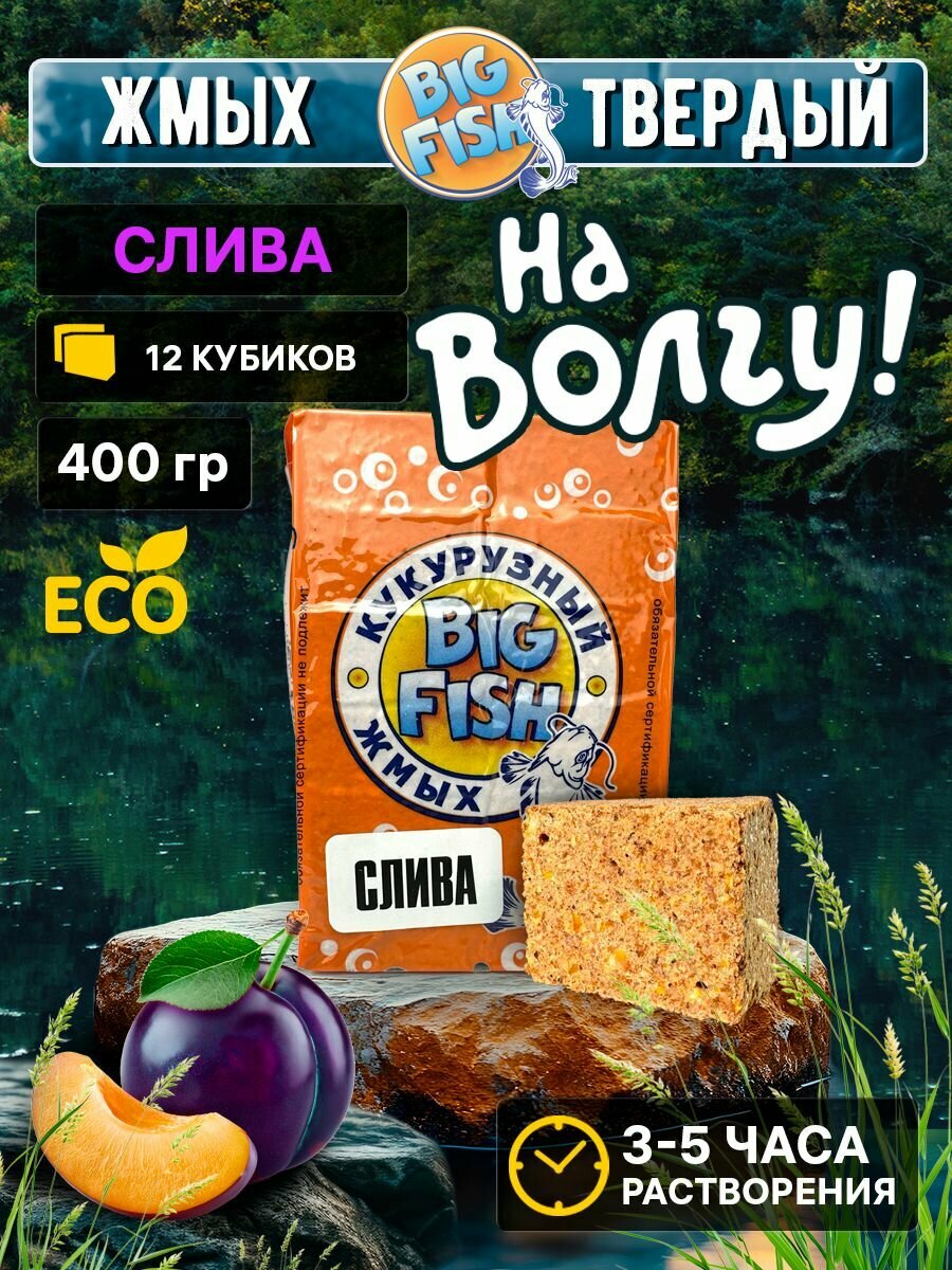 Жмых твердый "на волгу" - "Слива", 400 грамм (12 кубиков), для рыбалки с отверстиями для крючка, прикормка рыболовная, Большая рыба/BigFish.