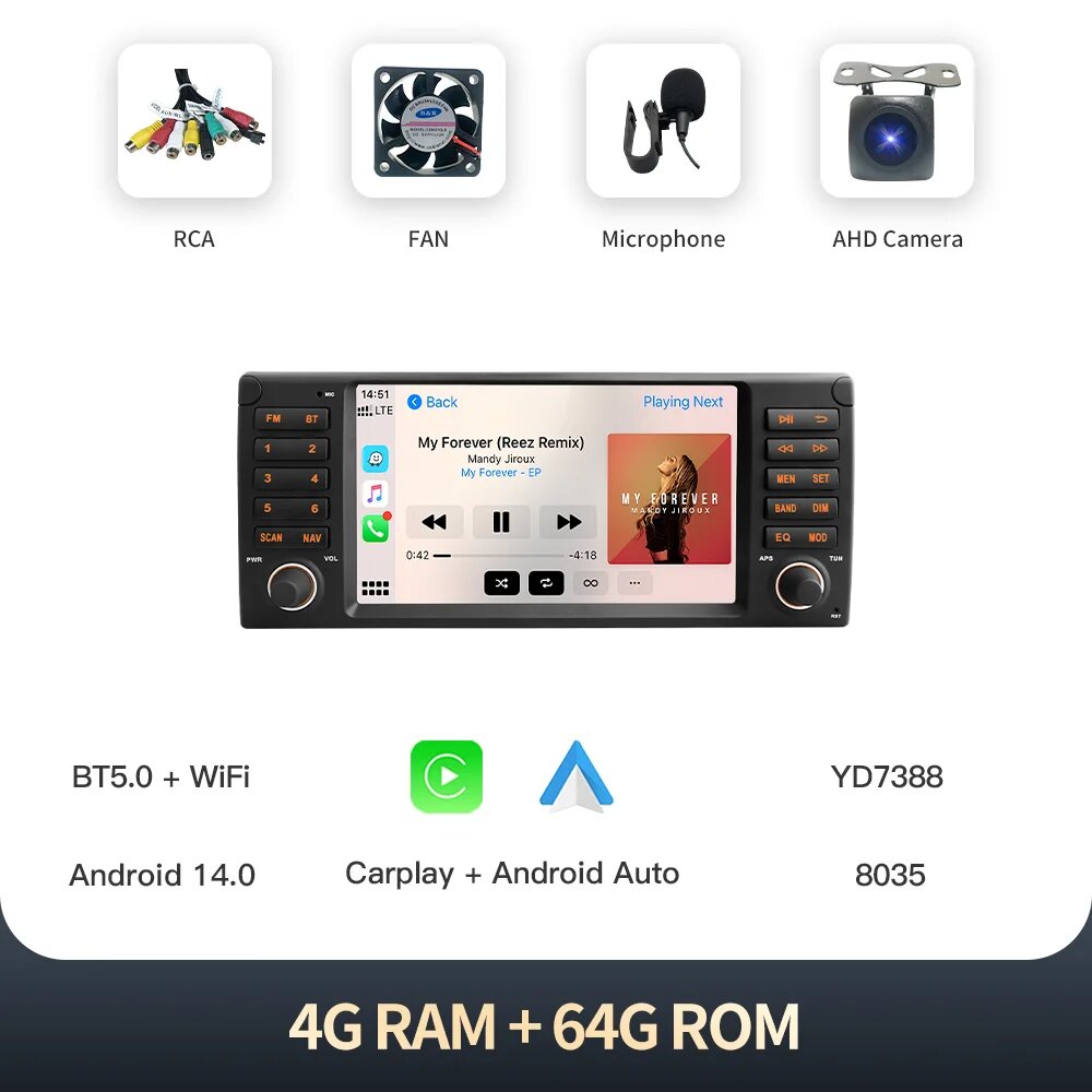 Автомагнитола Kingchange Android 14 8 дюймов для BMW 5 E39 1995-2003, E53 X5, M5, 2 3326 4 64 AHD