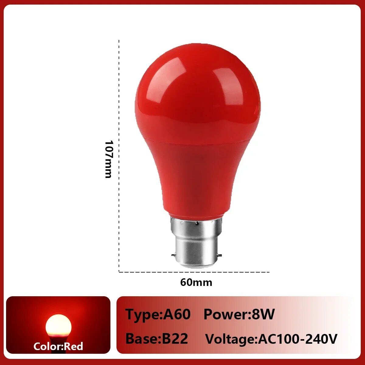 Светодиодная лампа A60, красный, B22, 8W, 100-240V