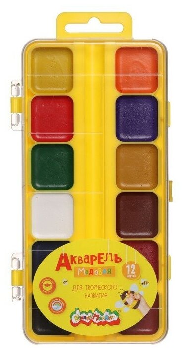 Акварель медовая «Каляка-Маляка», 12 цветов, без кисти, пластик