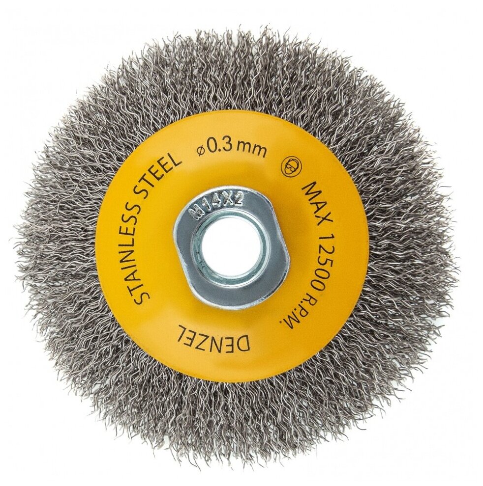 Щетка для УШМ, 100 мм, "Тарелка", витая нержавеющая проволока 0.3 мм, М14 Denzel, 746083