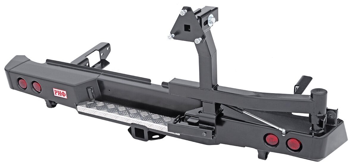 Бампер РИФ силовой задний Toyota Hilux 2015+ с квадратом под фаркоп, калиткой, фонарями, подсветкой номера