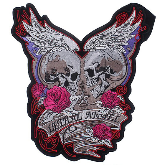 Большая нашивка на куртку, патч, шеврон байкерский, нашивка на спину розы и черепа 29,8х27,5см