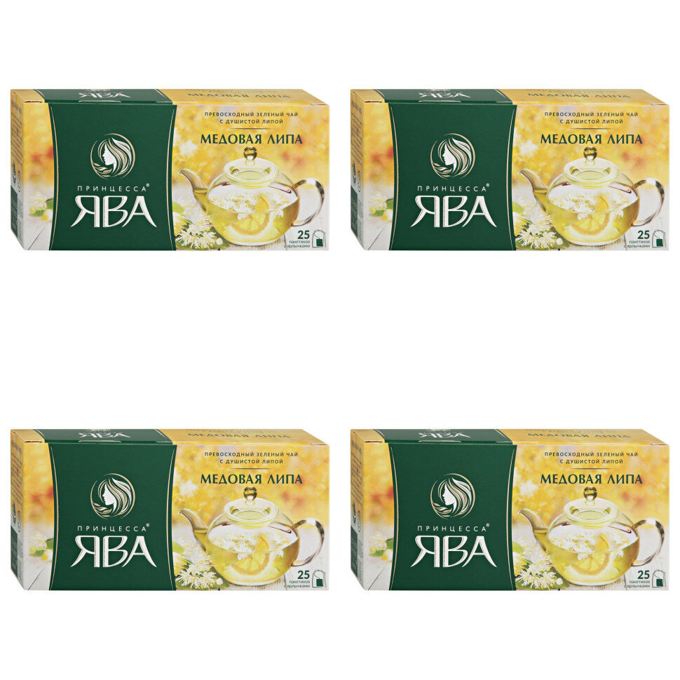 Чай зеленый в пакетиках для чашки Принцесса Ява Медовая липа, 25*1,5 г (комплект 4 шт.) 6014383