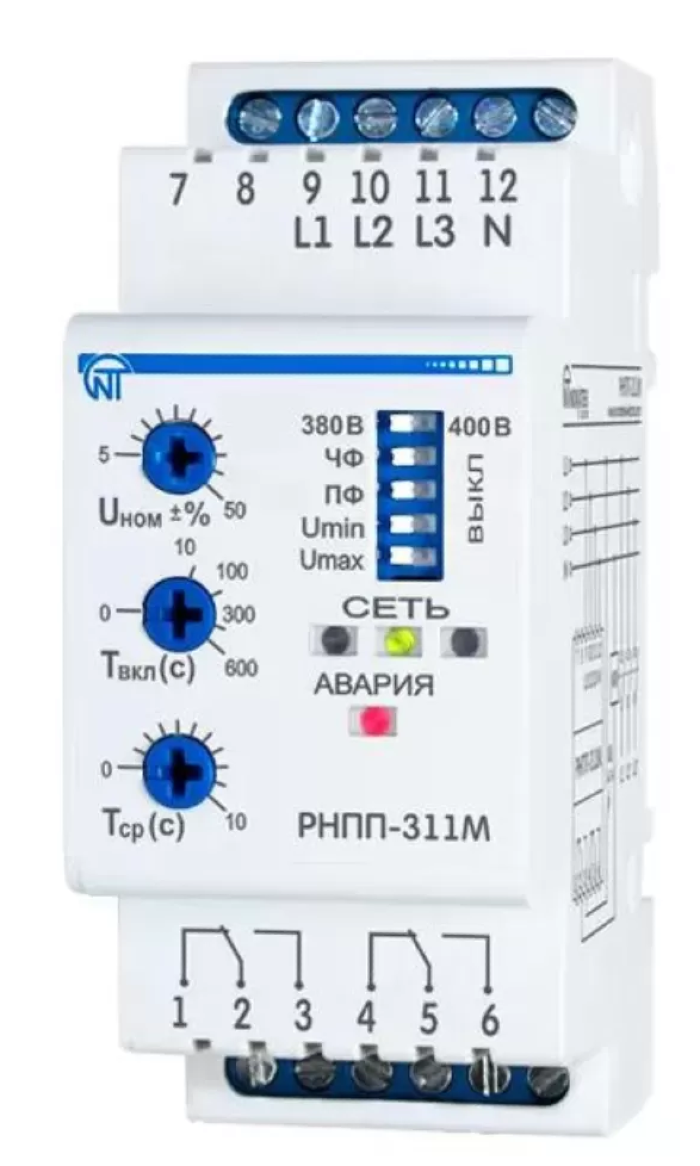 Реле напряжения Новатек-Электро РНПП-311М и контроля фаз трехфазное в корпусе из пластмассы, белый, 220/380В 5А / электрика