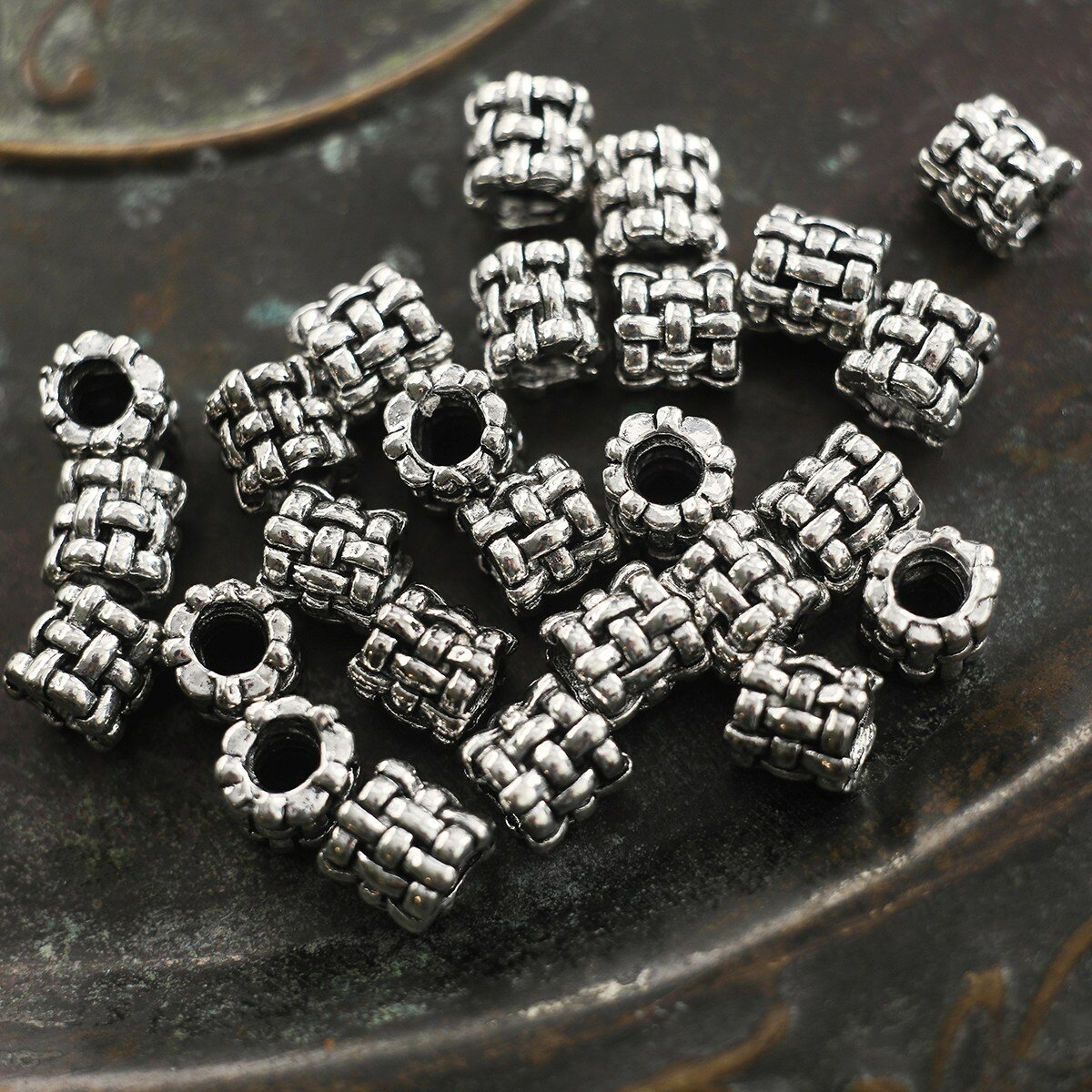 Евробусины 5 шт./ Металлические бусины с большим отверстием, размер 9x9 мм, цвет античное серебро