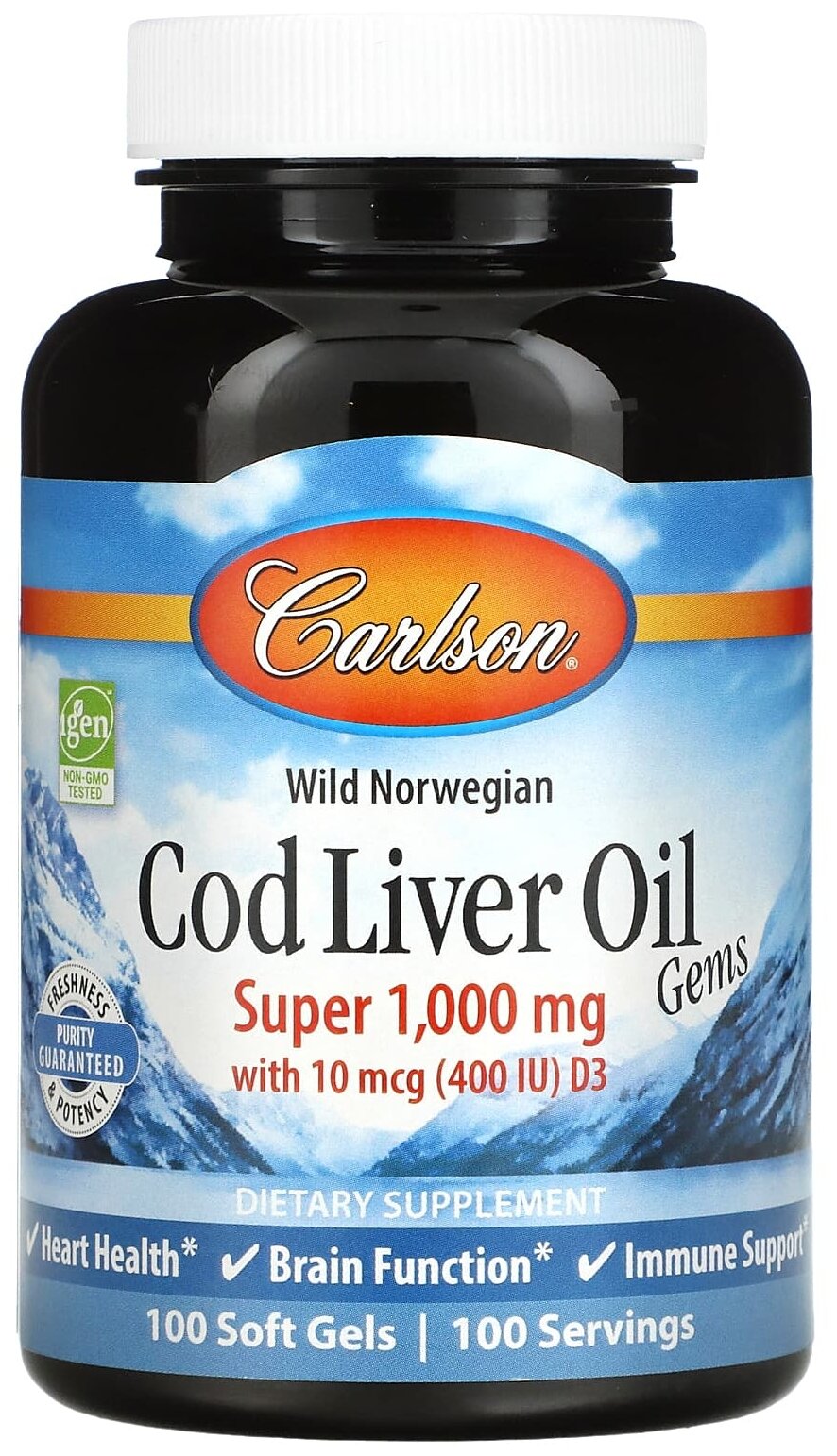 Carlson Labs Wild Norwegian Cod Liver Oil Gems | 100 капсул | Омега-3 ЭПК и ДГК | Витамины А и D3