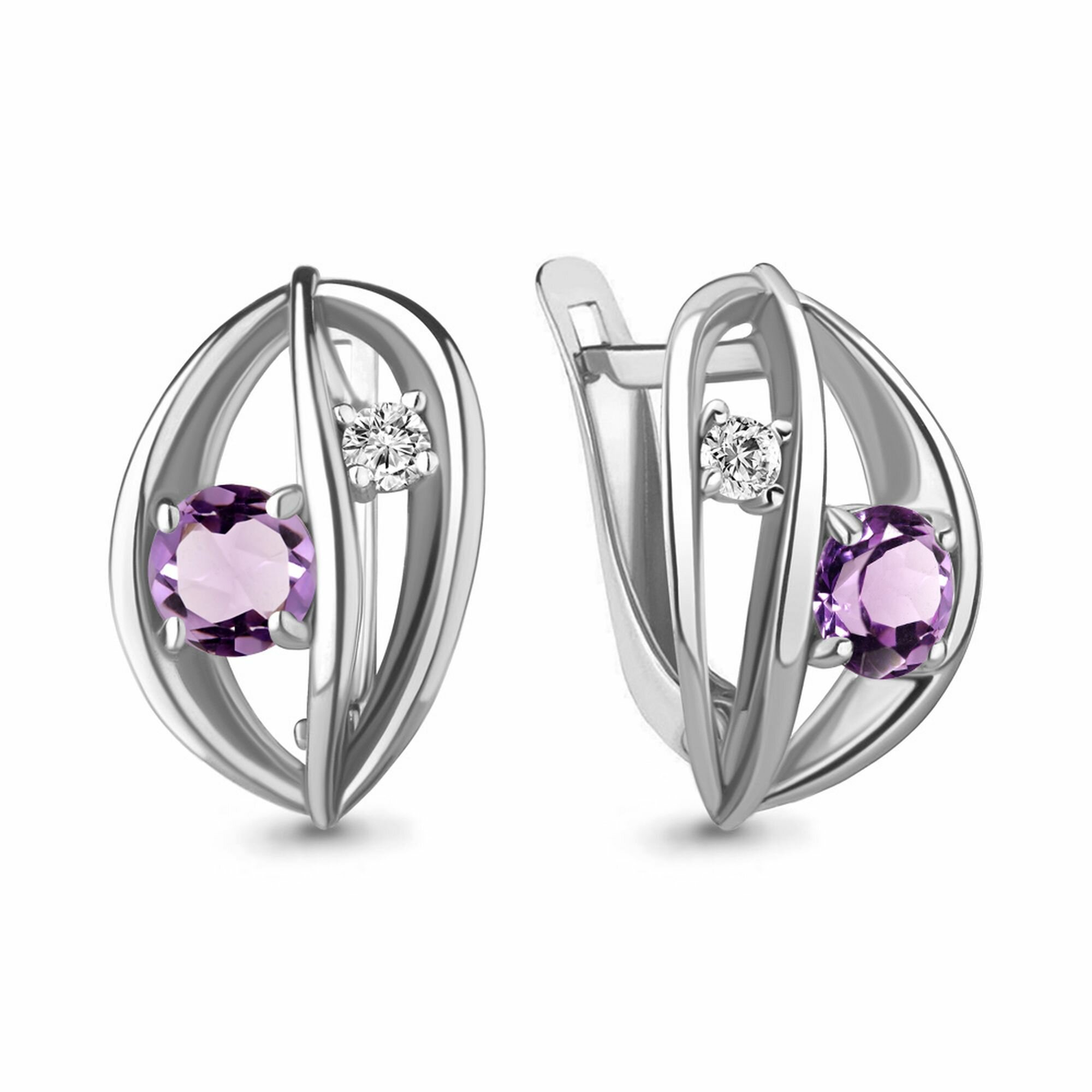 Серьги, серебро, 925 проба, родирование, аметист, фианит