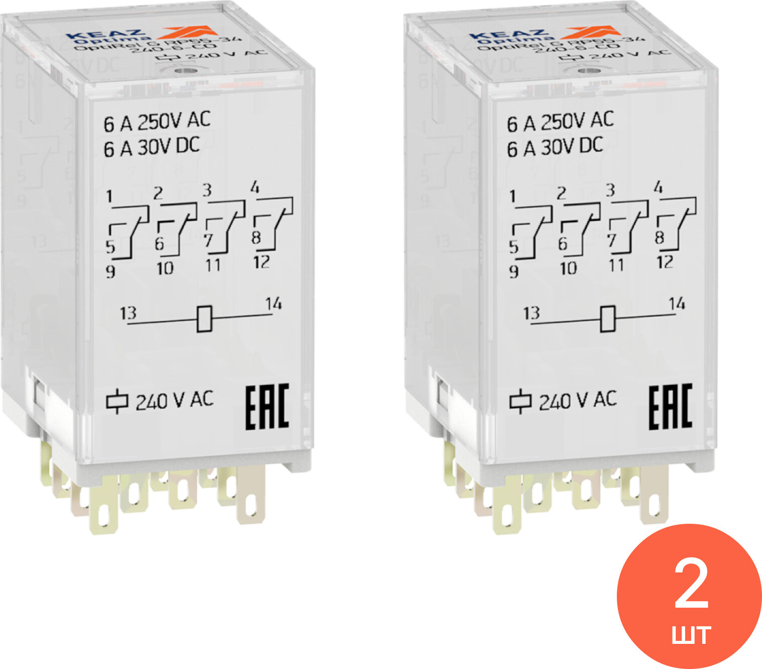 Реле промежуточное КЭАЗ OptiRel G RP55-34-240-6-CO, 21x35.7x27.5мм, 6А 220В AC, 281115 / электрика (комплект из 2 шт)