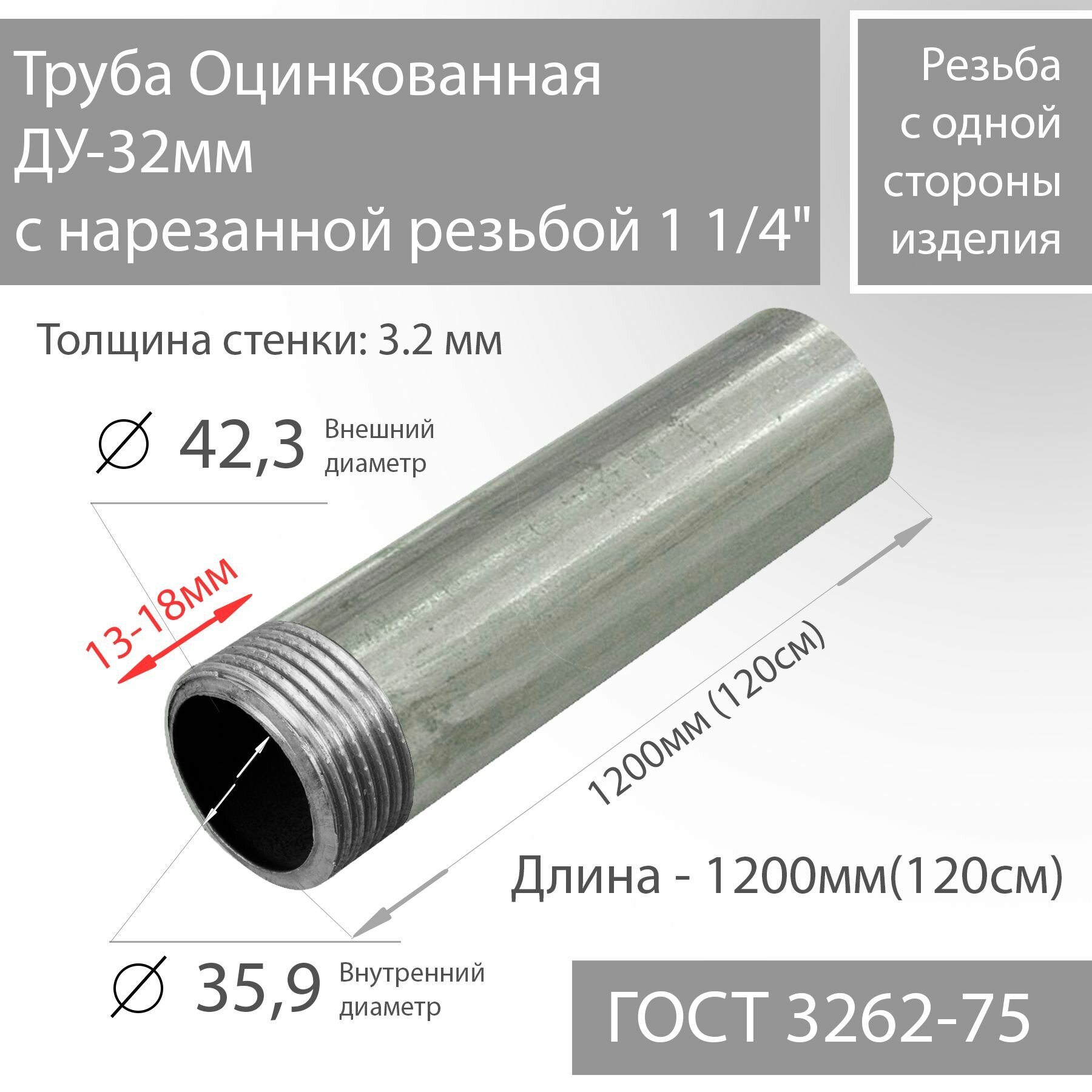 Труба ВГП ДУ 32х3,2 с нарезанной резьбой 1 1/4" оцинкованная ГОСТ 3262-75 L 1200мм(120см)