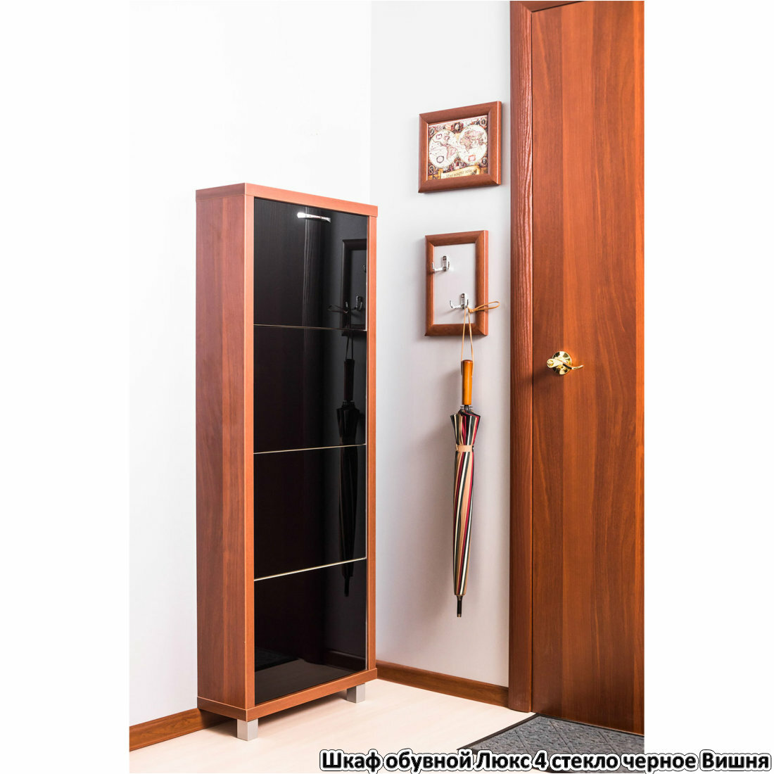 Шкаф обувной Люкс 4 стекло черное вишня, Айрон, Ш:55 см, В:141 см, Г:19 см.