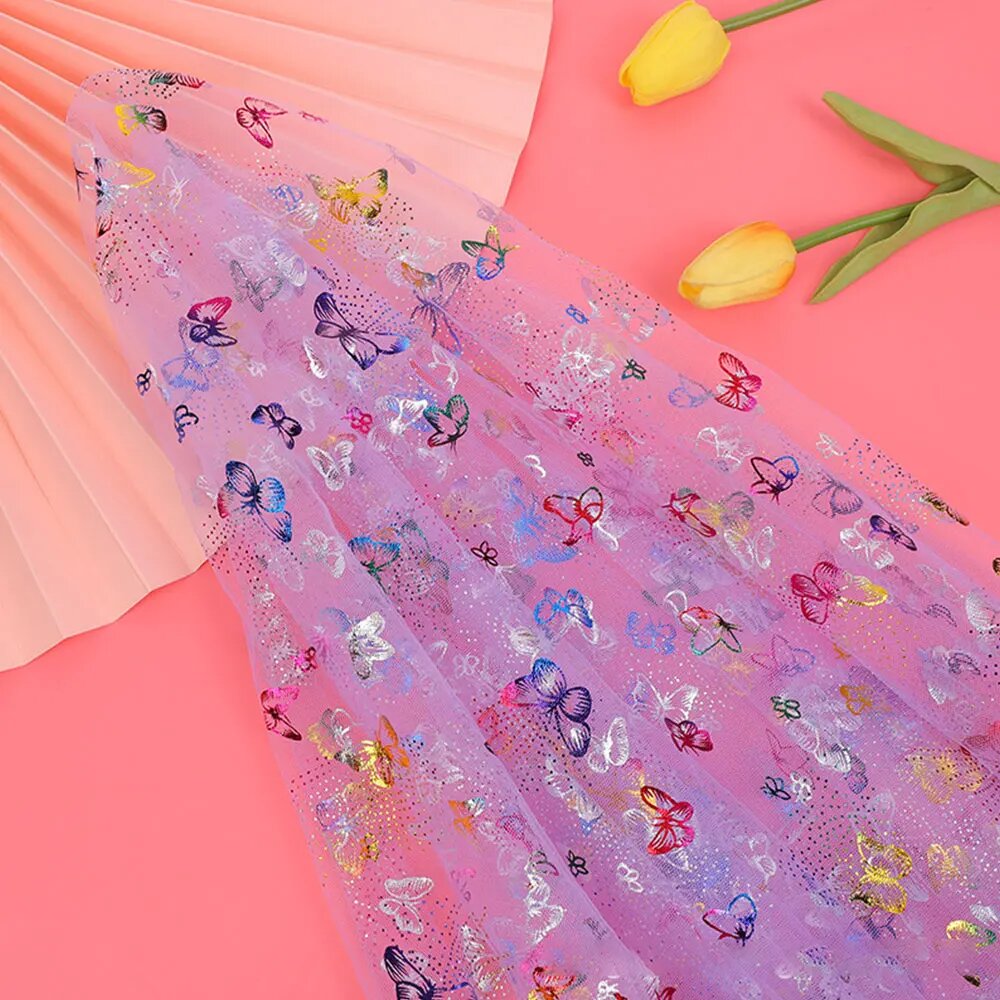 Радужная тюлевая ткань с принтом бабочки фиолетовый
