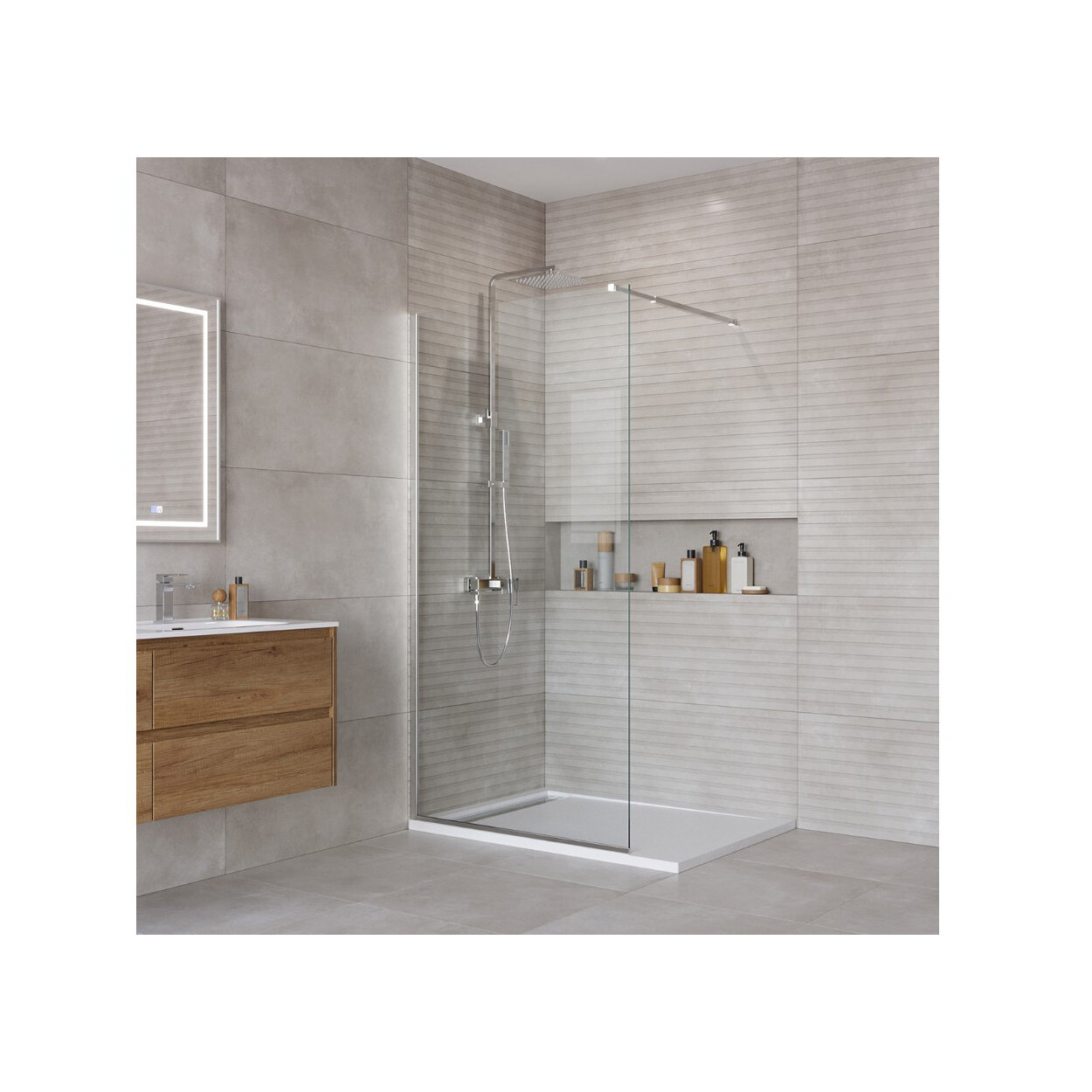 Душевая перегородка с односторонним входом BelBagno KRAFT-L-1-90-C-Cr хром, стекло прозрачное 6 мм (900х1950х650-1200)