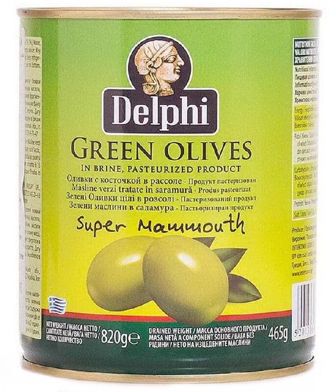 Оливки DELPHI с косточкой SUPER MAMMOUTH 91-100 /жесть/ 820г