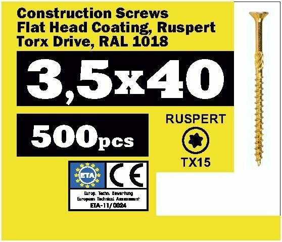 Конструкционный саморез по дереву 3.5х40 потай, - Ruspert, TX15, (500 шт)