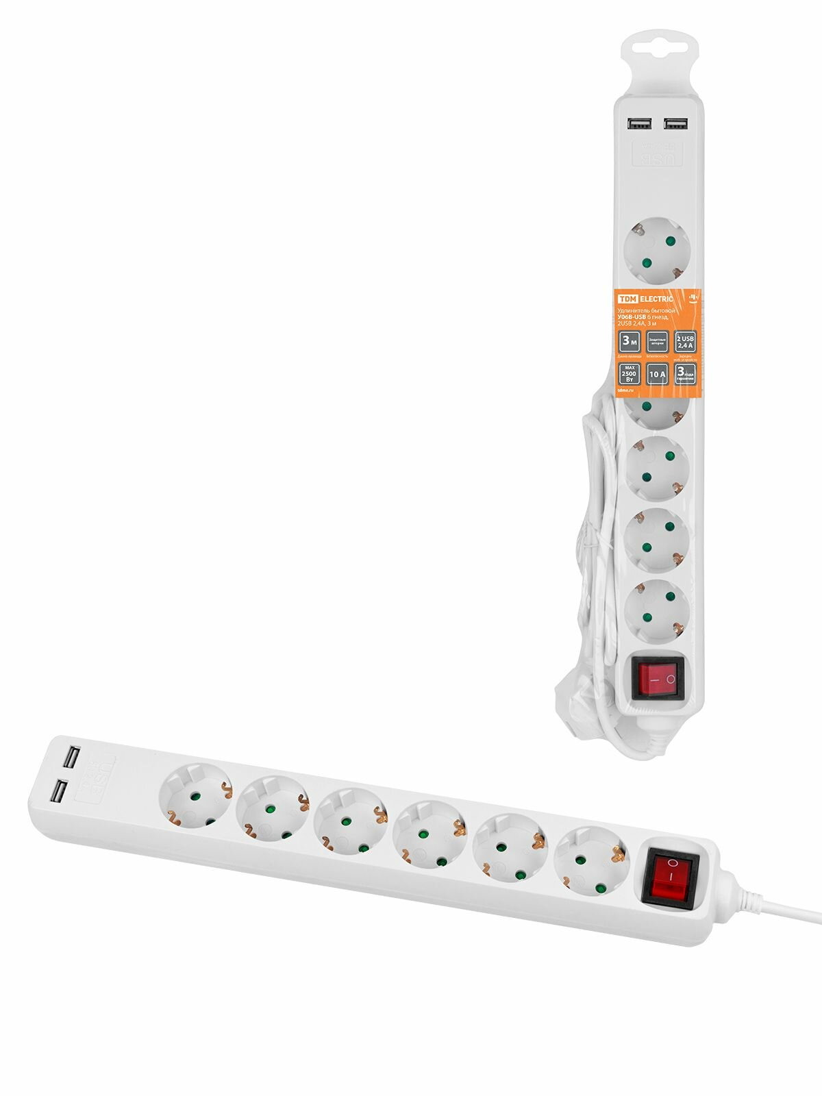 Удлинитель сетевой У06В-USB 6 гнезд, 2USB 2,4А, 3 м, вык, з/к, ПВС 3х0,75мм2 10А/250В белый TDM Electric