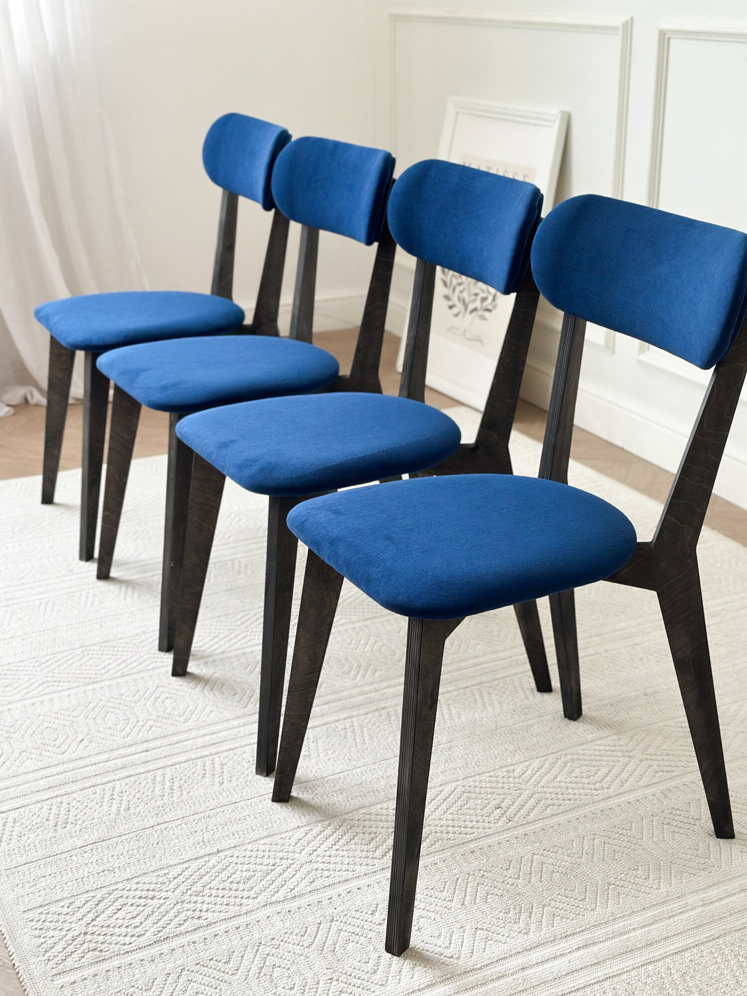 Стулья для кухни SAYMAN 4 шт, деревянные со спинкой, Синий велюр