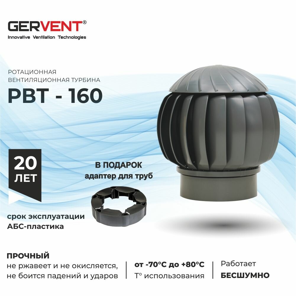 Дефлектор GERVENT, РВТ-160, ротационная вентиляция, ABS-пластик, серый, с переходником на трубу