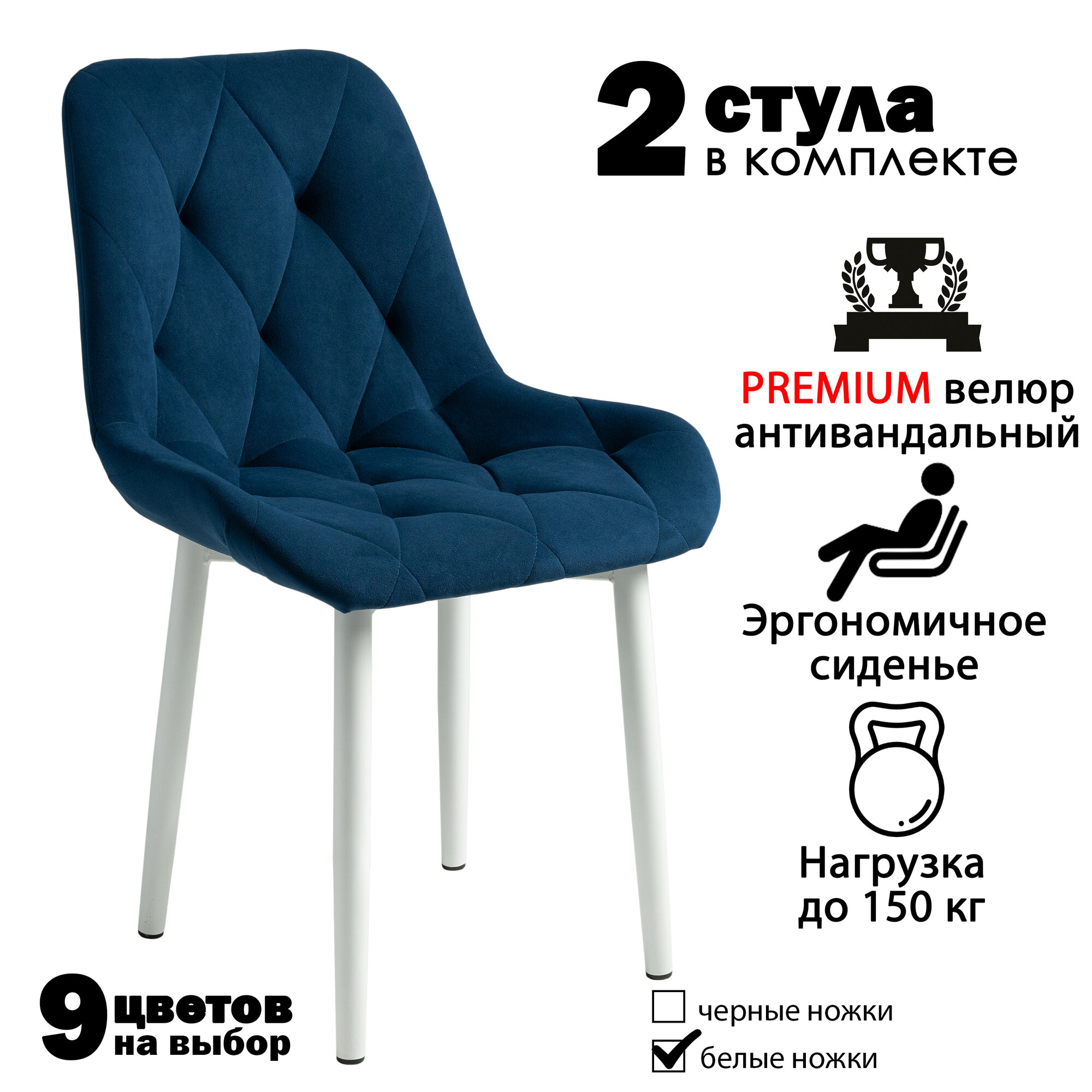 Стулья для кухни со спинкой мягкие, синий цвет, белые ножки, 2 шт.