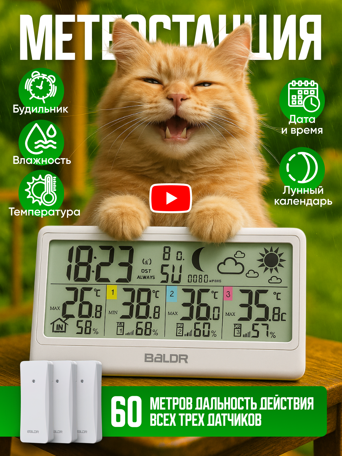 Метеостанция для дома с выносным датчиком , беспроводная , белая