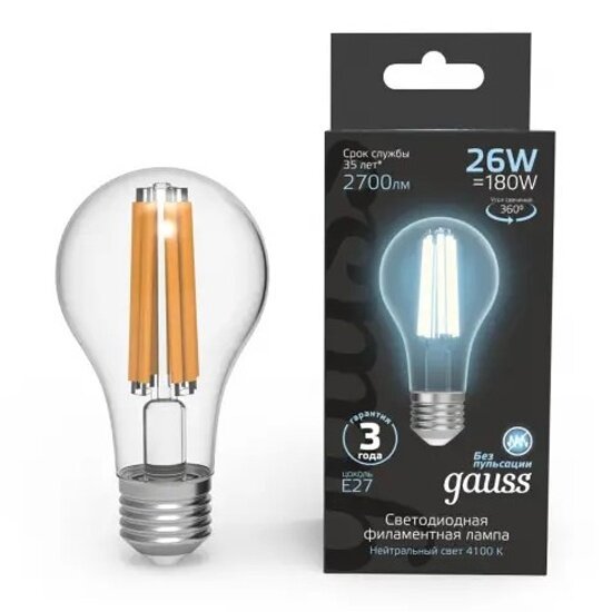 Лампа Gauss Filament А70 26W 2700lm 4100К Е27 LED 1/10/40