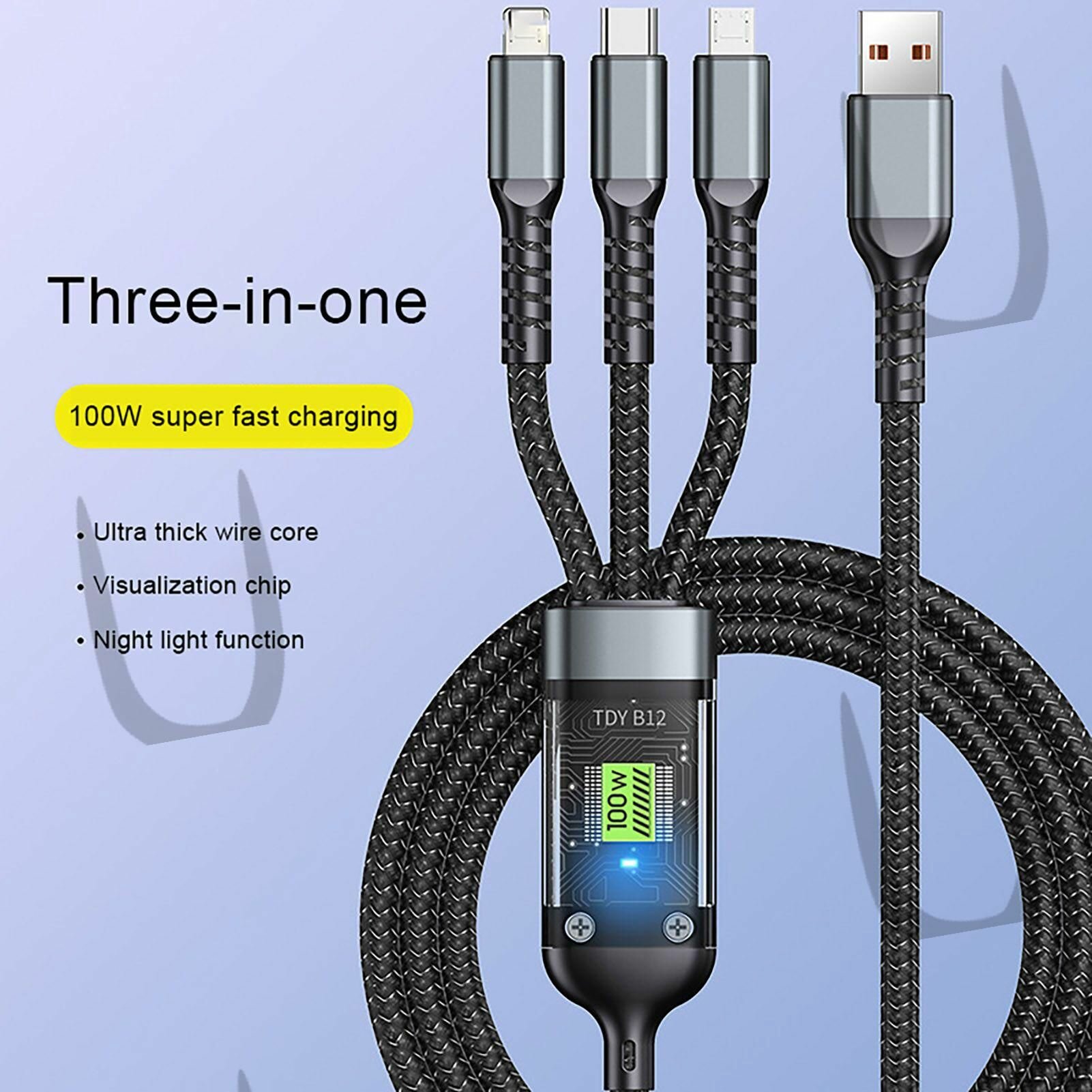 100 Вт Универсальный зарядный кабель 3 в 1 с разъемами порта Micro USB Type-COU