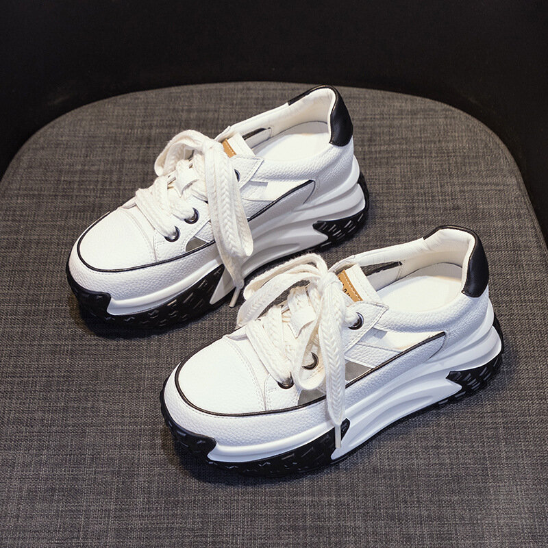 Туфли Daddy Shoes, женские, кожаные, полые, 2025, лето, новые, ретро, легкие, с внутренней стороны, повседневные, спортивные туфли, толстая подошва, женские сандалии